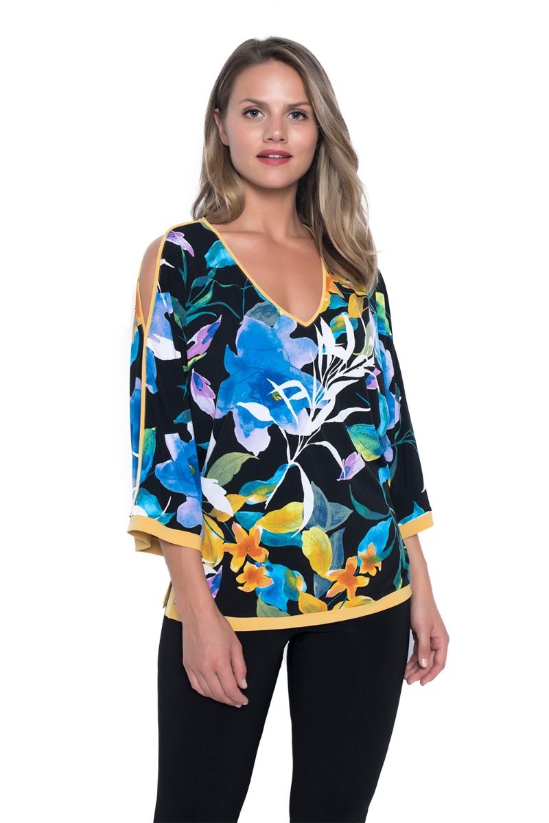 FRANK LYMAN BLACK BLUE ORANGE FLORAL KNIT COLD SHOULDER TUNIC | Rosella ...
