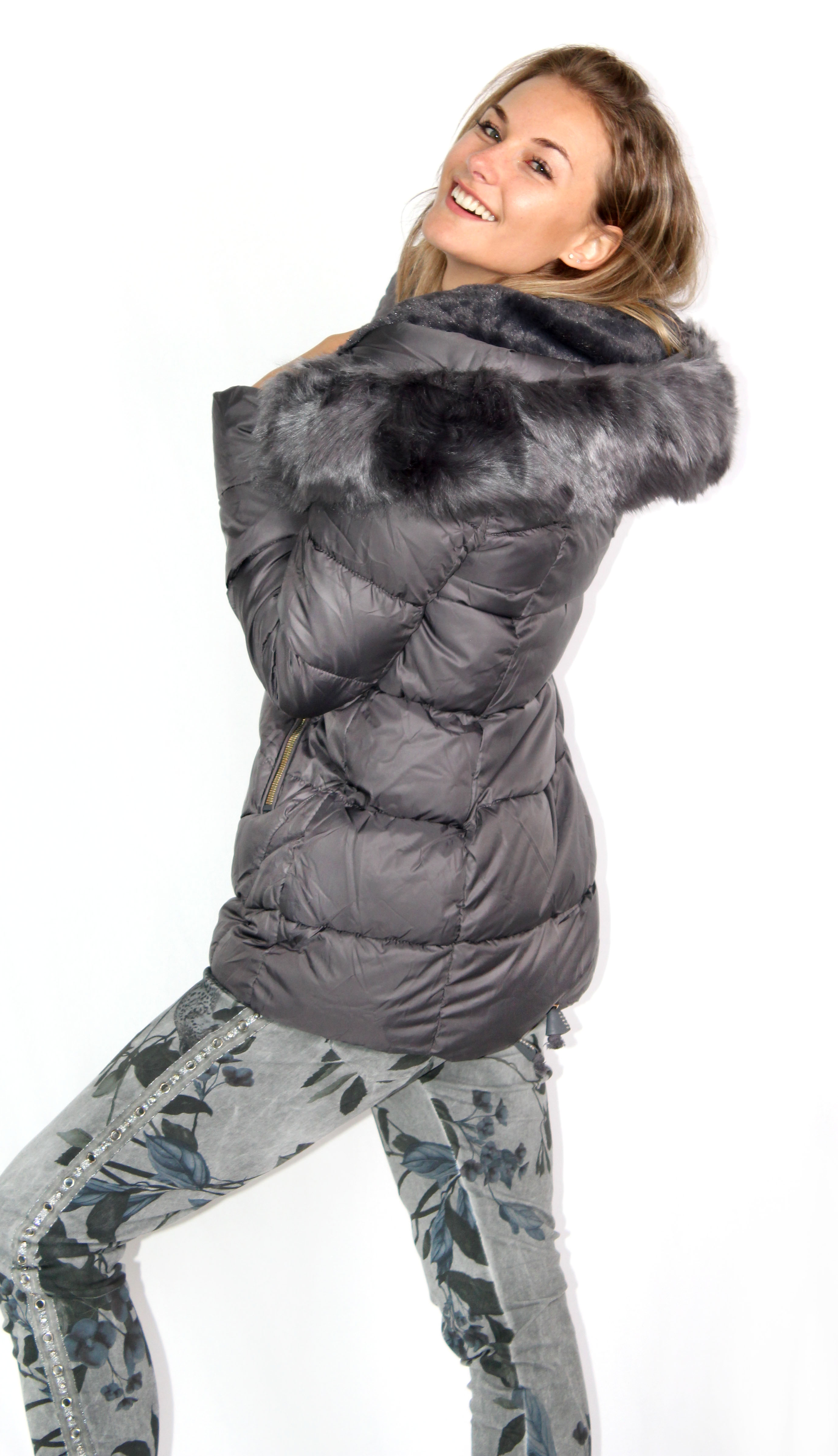 MADE IN ITALY CHARCOAL HOODED PUFFER JACKET | Rosella - Style inspired ...